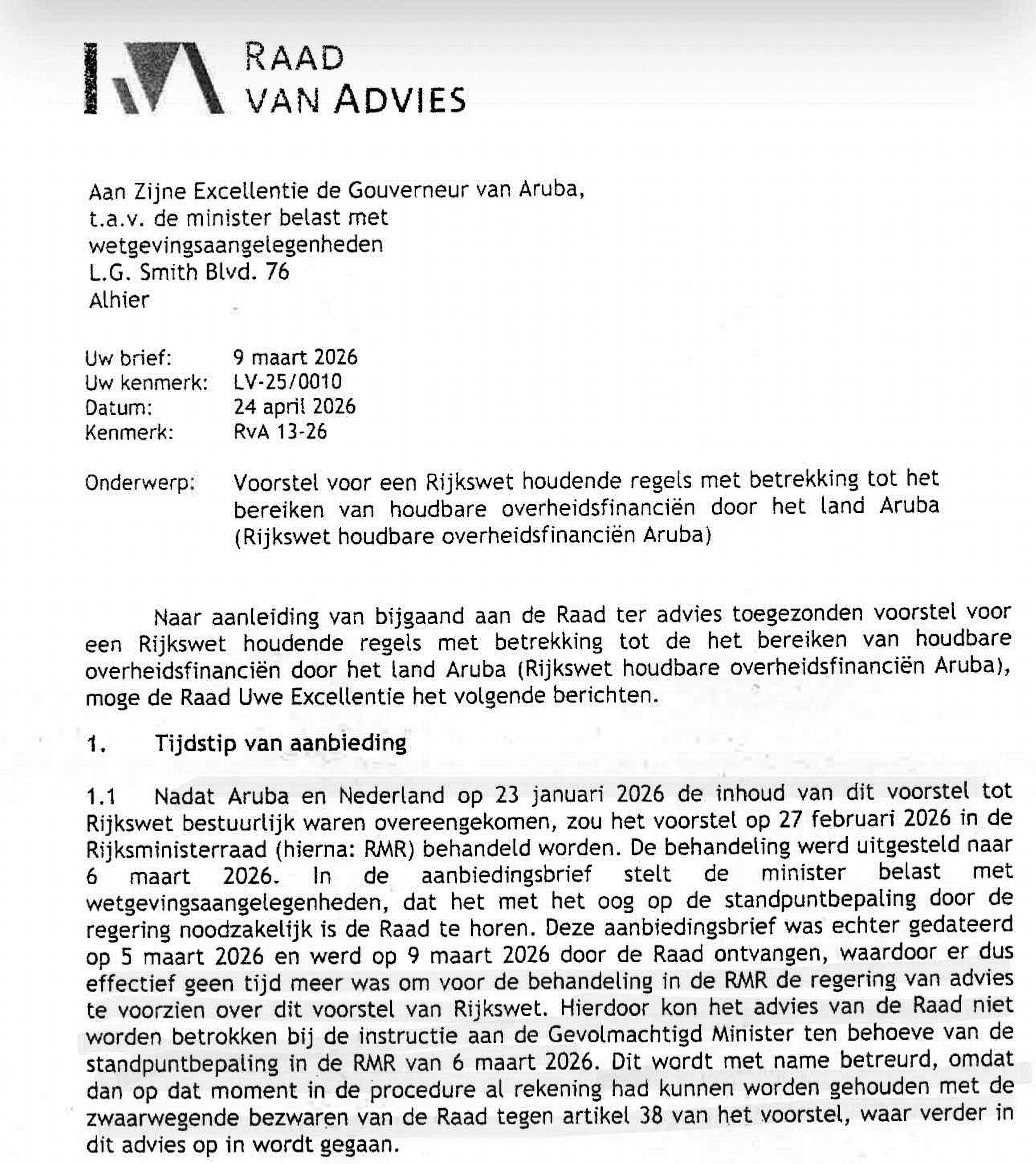 Raad van Advies a anuncia cu Ley di HOFA ta contra Constitucion di Aruba